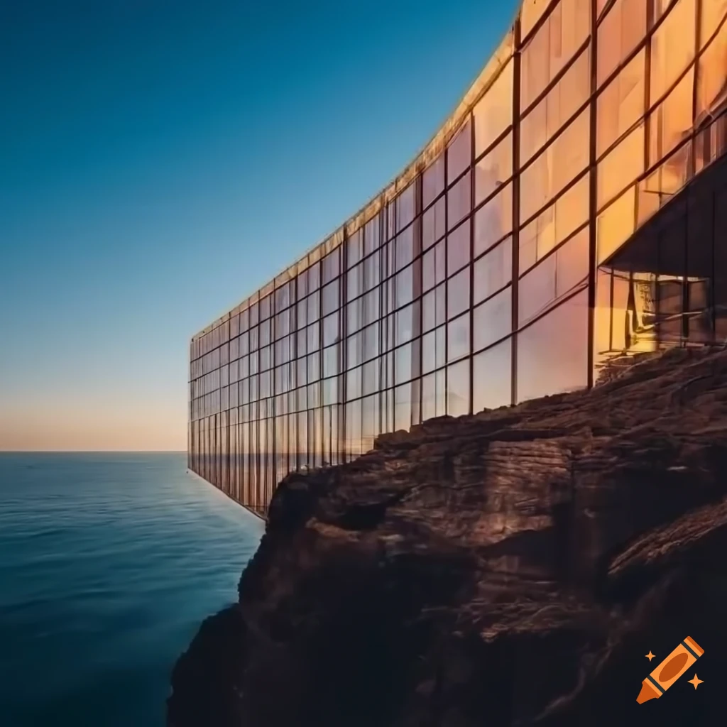 Modern architectural building with ocean view at sunset on Craiyon
