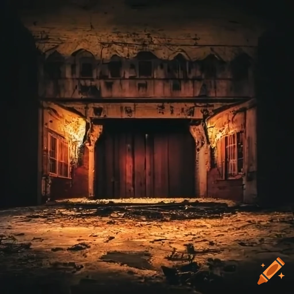 Nighttime view of an abandoned building on Craiyon