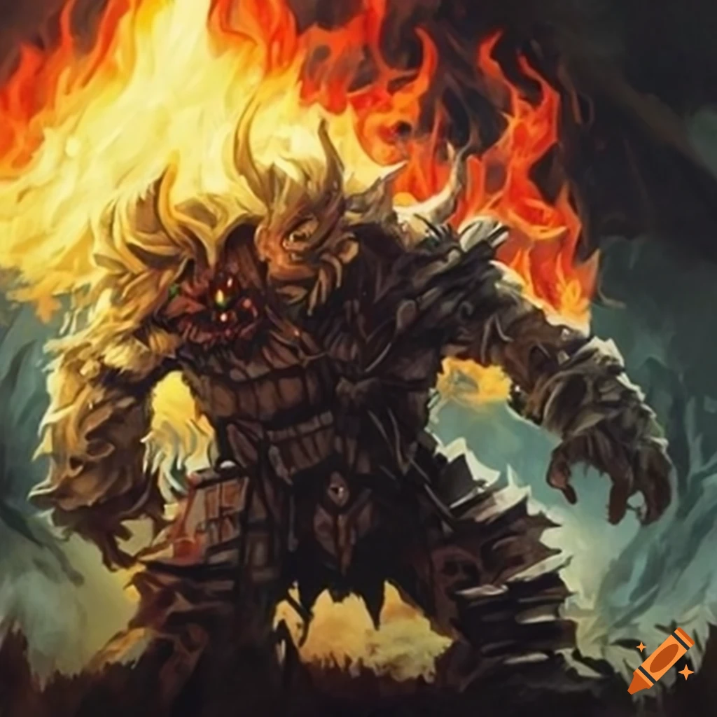 Fantasy artwork of a giant fire golem on Craiyon