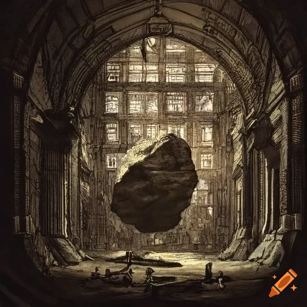 Surreal image of a rock hanging over a library on Craiyon