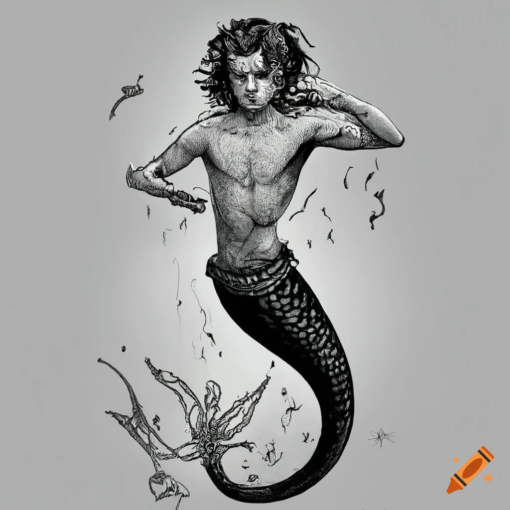 Detailed etching of a lovecraftian merman on Craiyon