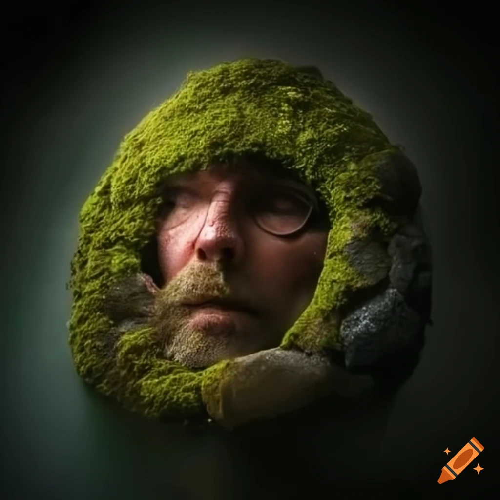 Man in a moss-covered stone cellar on Craiyon