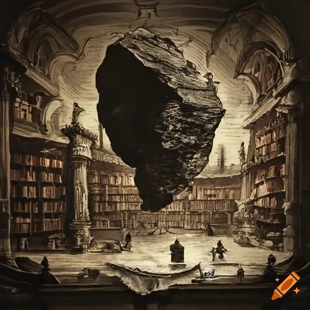 Piranesi style cliff with a rock hanging over a library on Craiyon