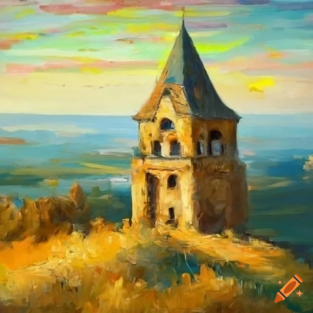 Oil painting of a medieval bell tower and scenic landscapes on Craiyon