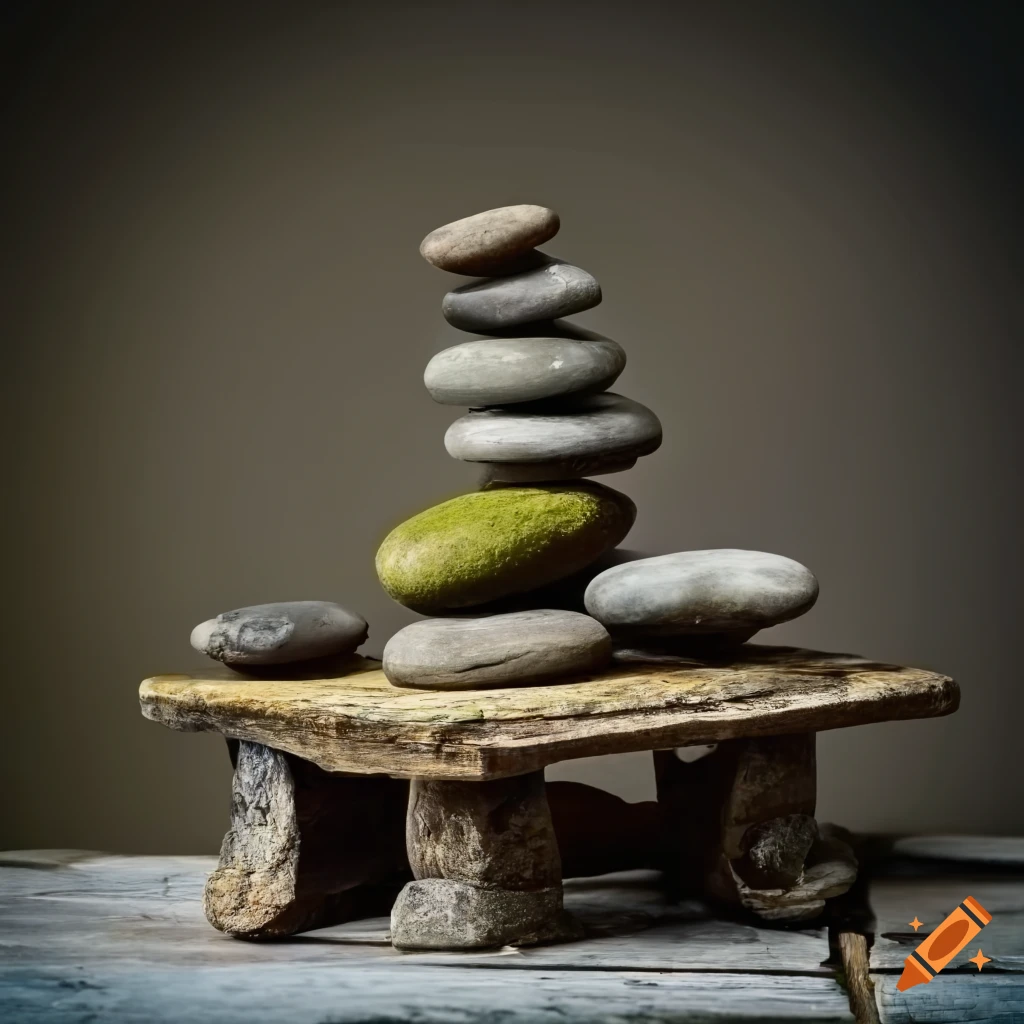 A moss-covered stone cellar with a balancing stones on table on Craiyon