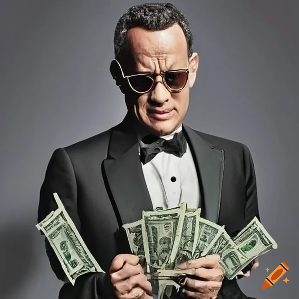 Funny image of tom hanks with sunglasses and a crown, holding money