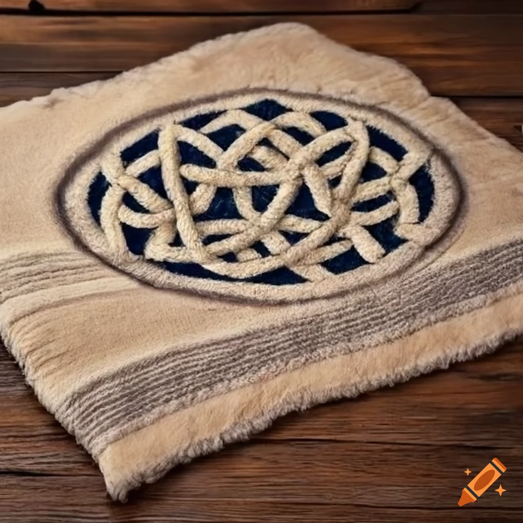 Cream-colored square blanket with a triquetra on a wooden table on Craiyon