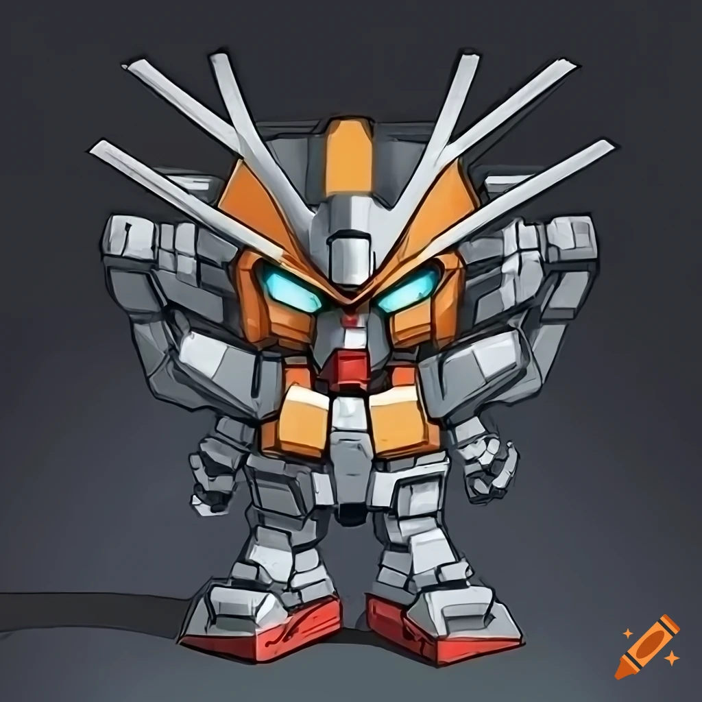 Chibi black and orange gundam robot on Craiyon