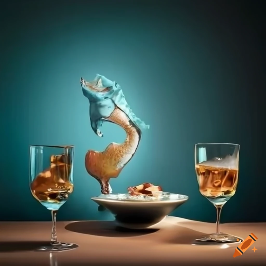 Surreal pastries on a table with glasses and complex wine glasses on ...