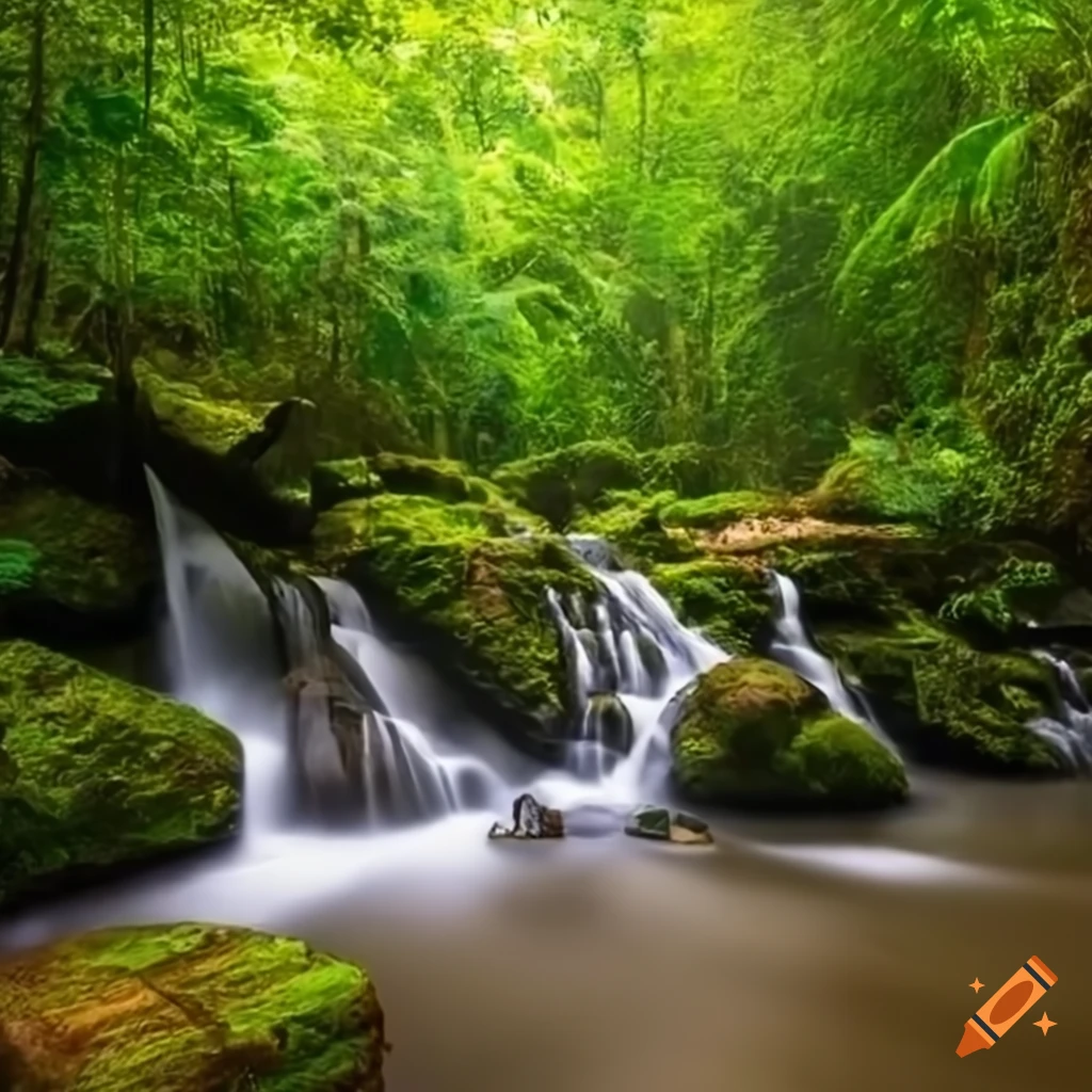 Scenic view of mountains and waterfall in a rainforest on Craiyon