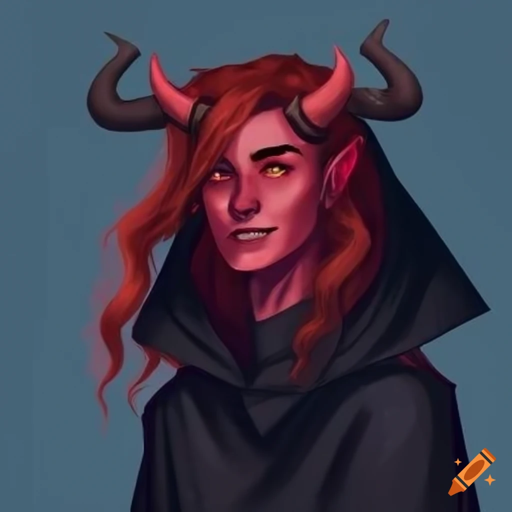 Illustration of a male tiefling with red hair and a black cloak
