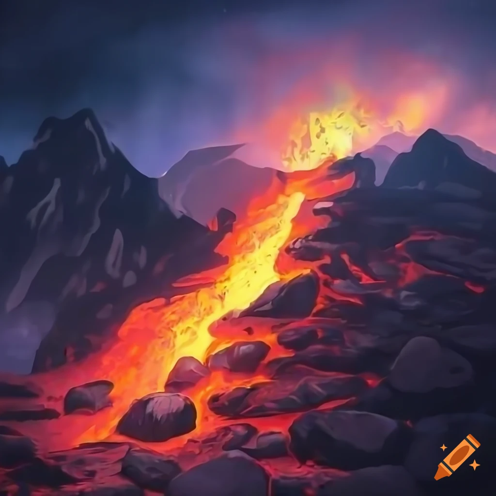 Volcano mountain with flowing lava on Craiyon