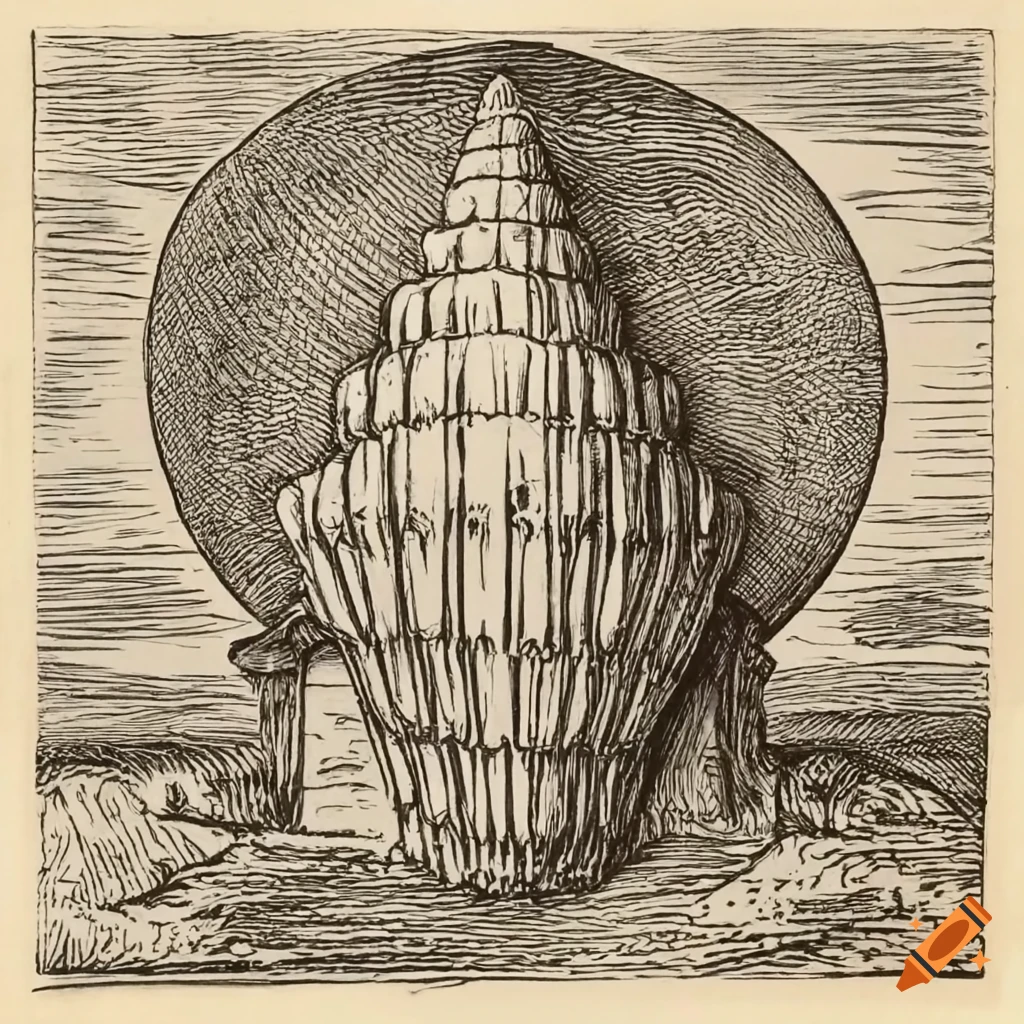 Sketch of a sea shell with a church inside