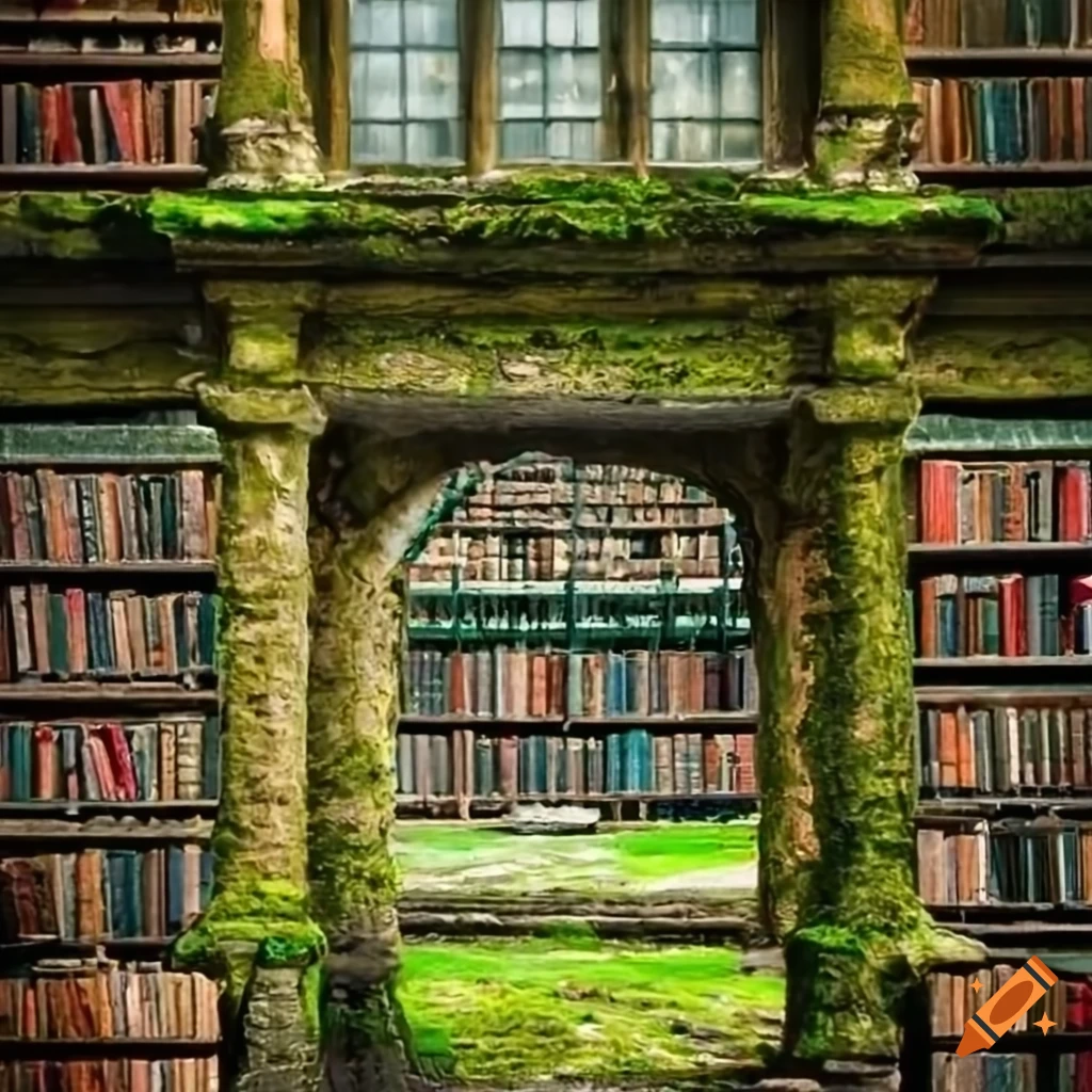 Moss-covered stone in a library on Craiyon