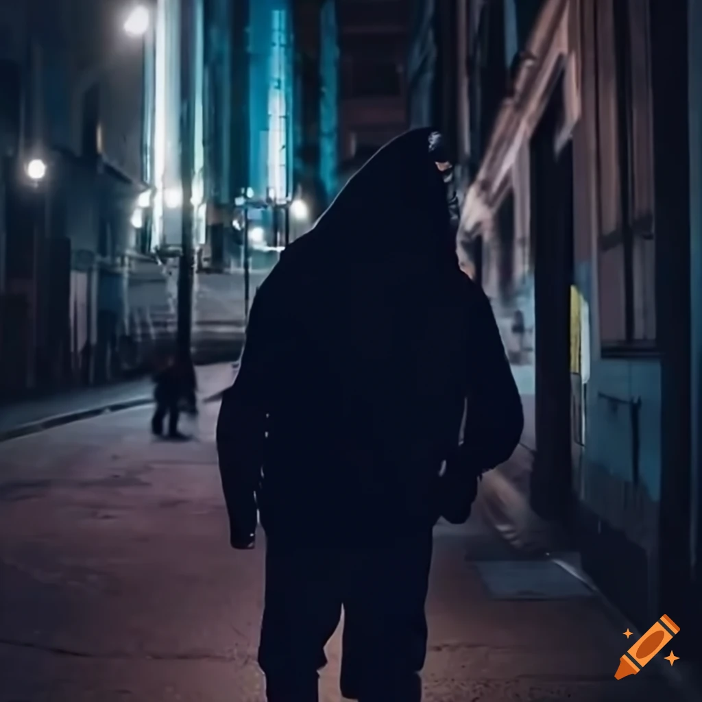 Hooded figure walking down a city street at night on Craiyon