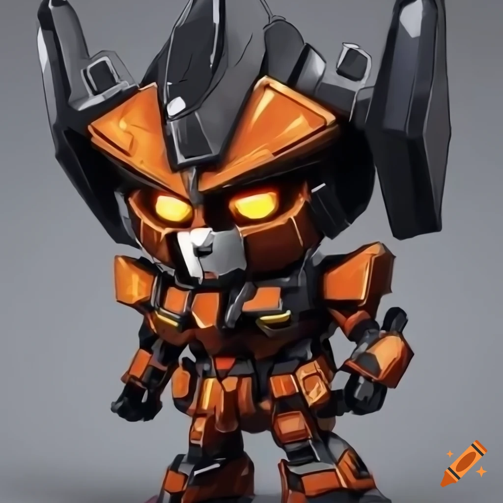 Chibi gundam robot in black and orange colors on Craiyon