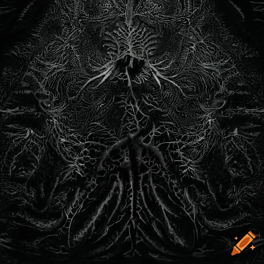 Surreal black and white artwork with intricate details on Craiyon