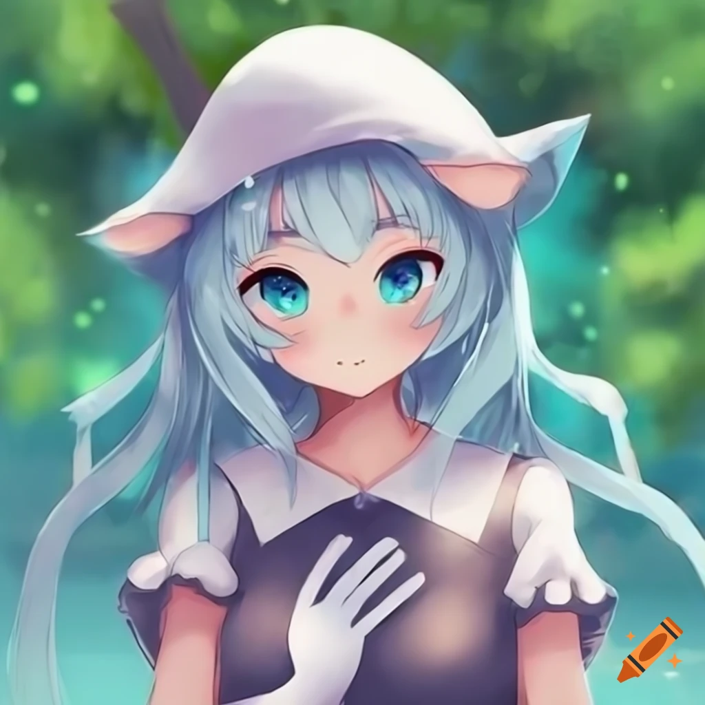 Cute anime catgirl in nature with blue skin and white hair on Craiyon