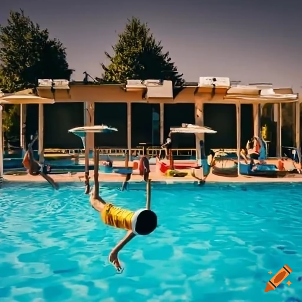 Aerial shot of a public swimming pool with kids and grilling area