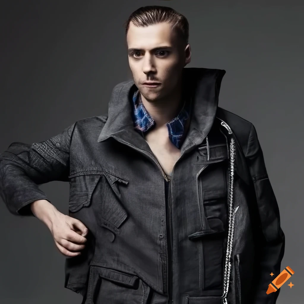 Stylish man wearing trendy jacket with "Viril" branding on Craiyon