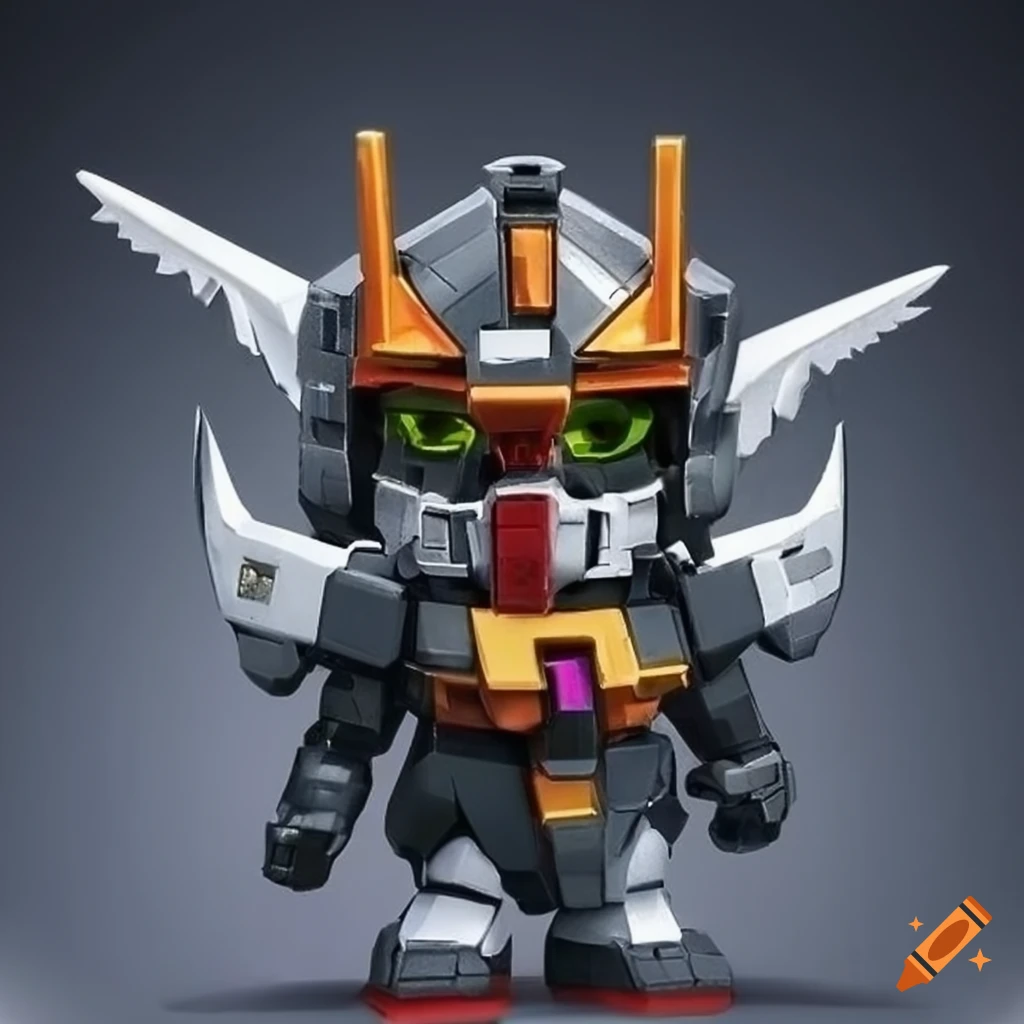 Chibi gundam robot with black, orange, white, and grey colors on Craiyon