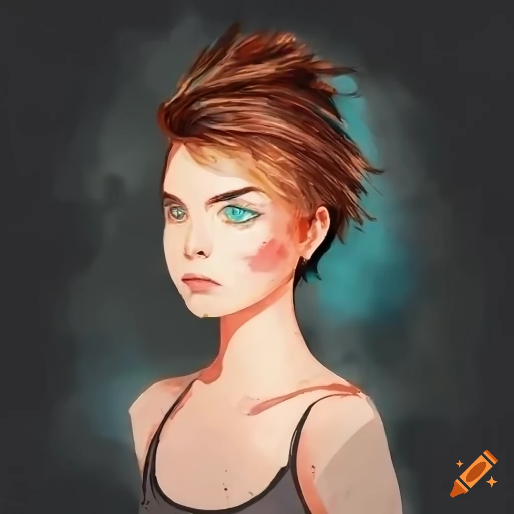 Portrait Of A Young Woman With Short Brown Hair And Turquoise Eyes On