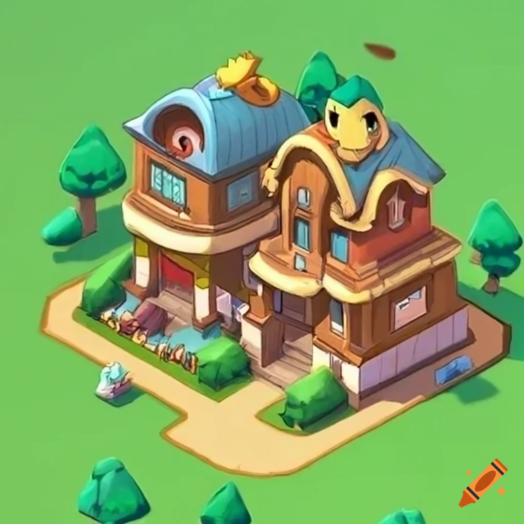 Isometric town inspired by pokemon and dinotopia
