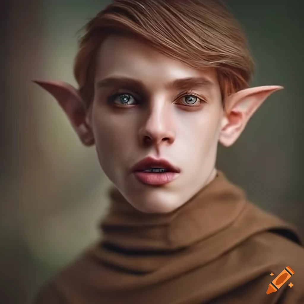Photo of a young male elf in a brown tunic on Craiyon