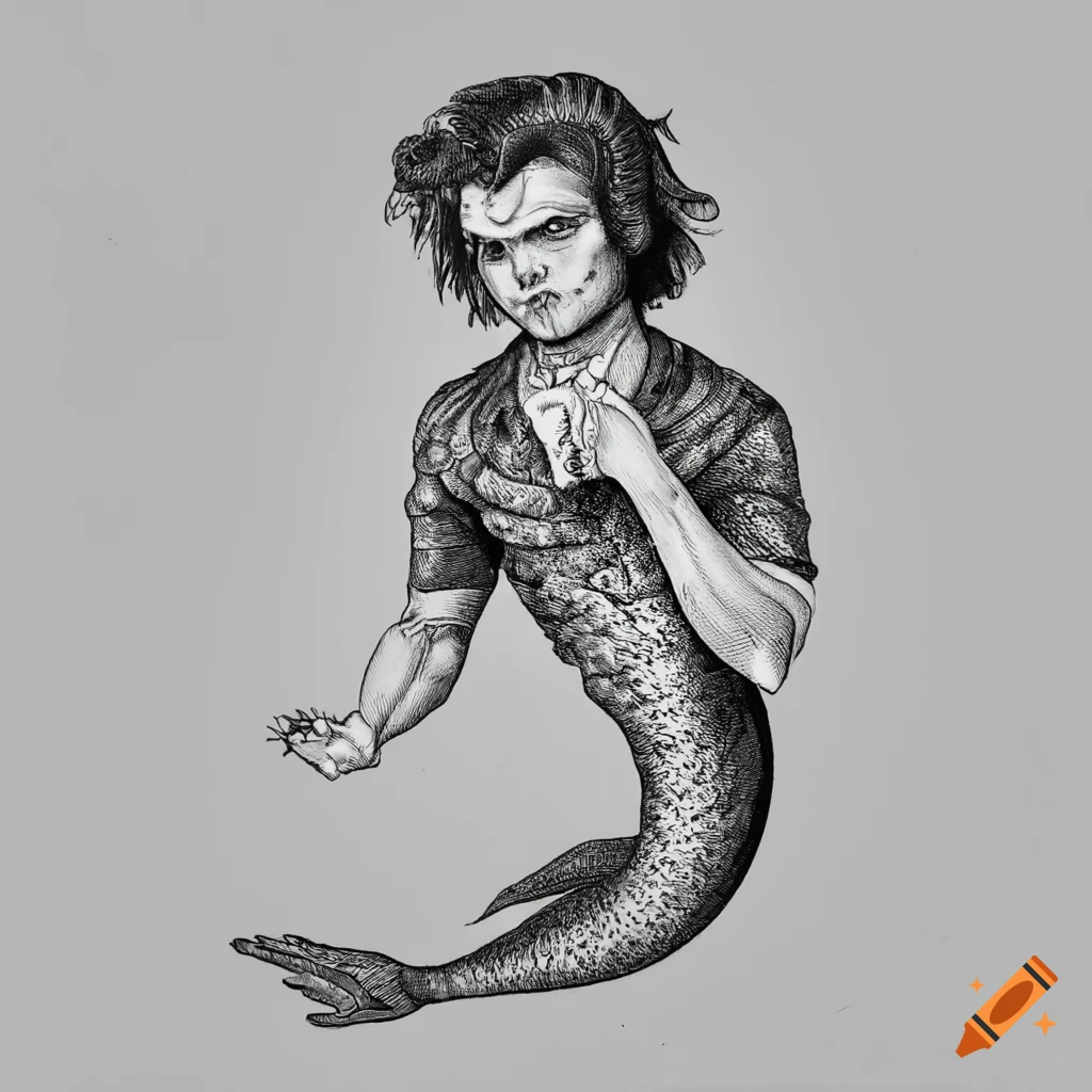 Black and white etching of Steve Harrington as a merman monster on Craiyon