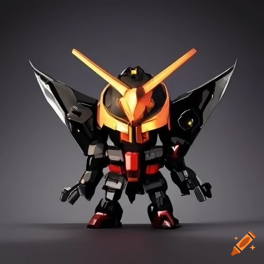 Chibi gundam robot in metallic black, orange and white armor on Craiyon