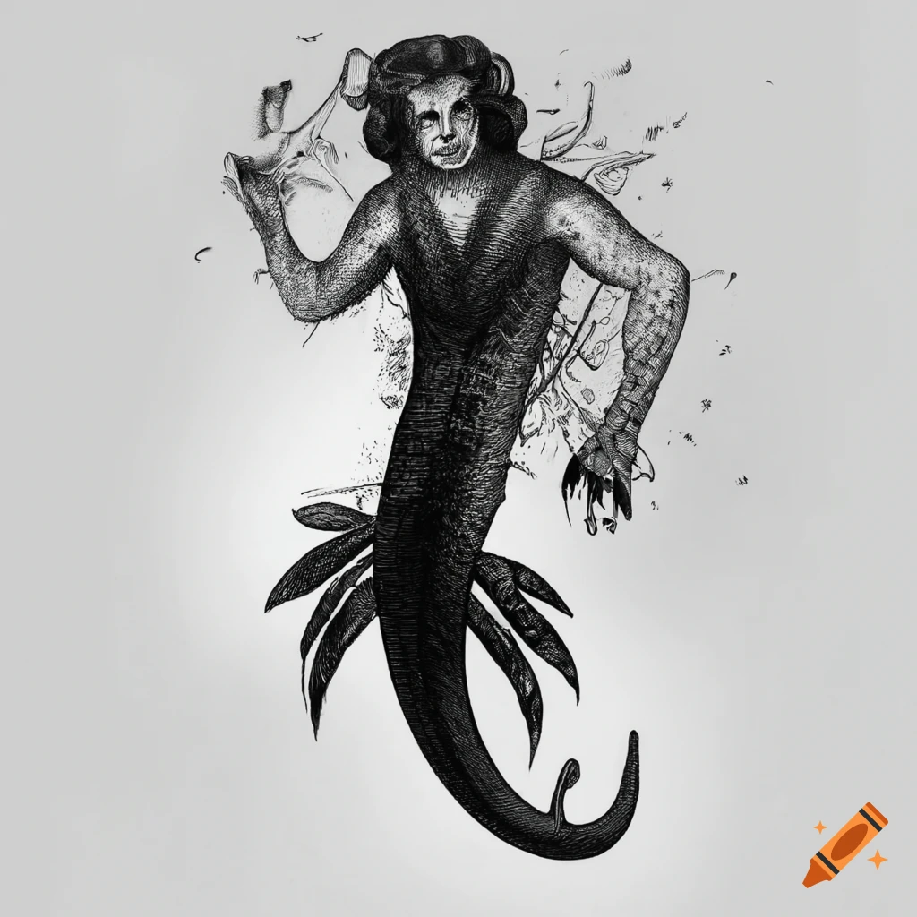 Detailed etching of Steve Harrington as a merman monster on Craiyon