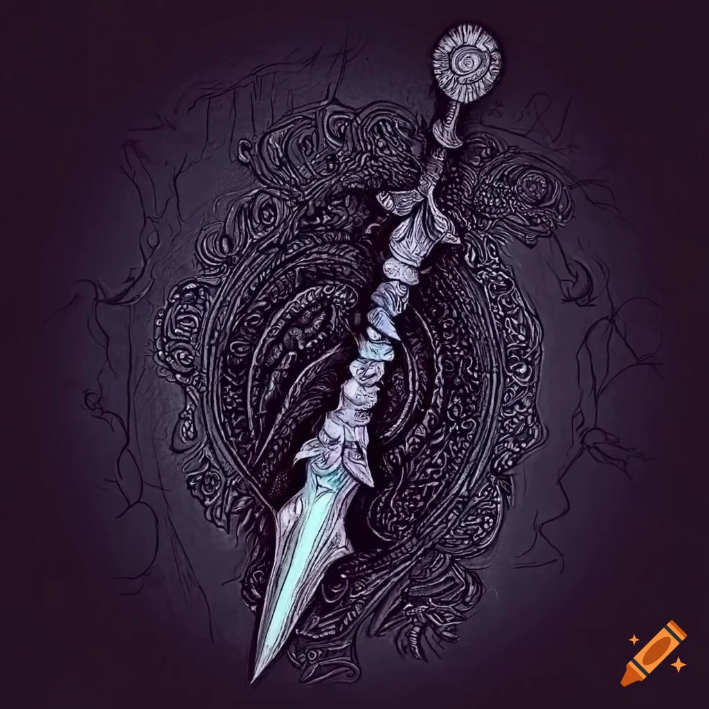 Intricate drawing of a mystical black sword