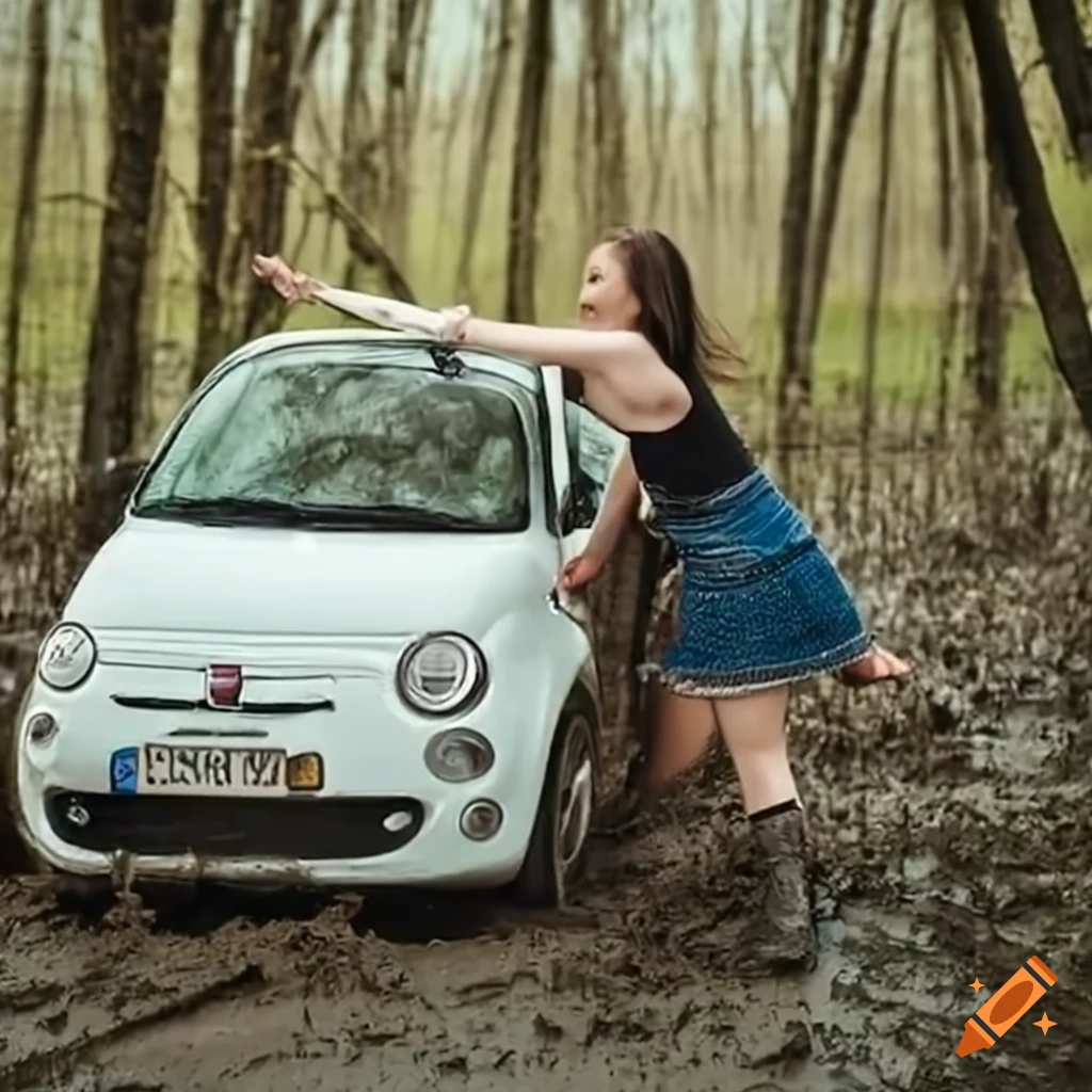 Woman pushing stuck Fiat 500 in muddy swamp on Craiyon