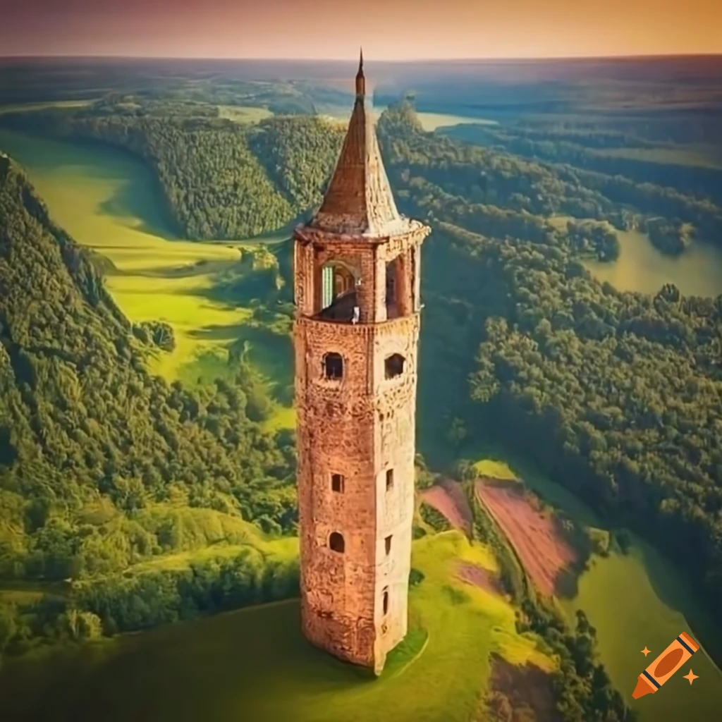 Aerial view of a medieval bell tower in scenic landscapes on Craiyon
