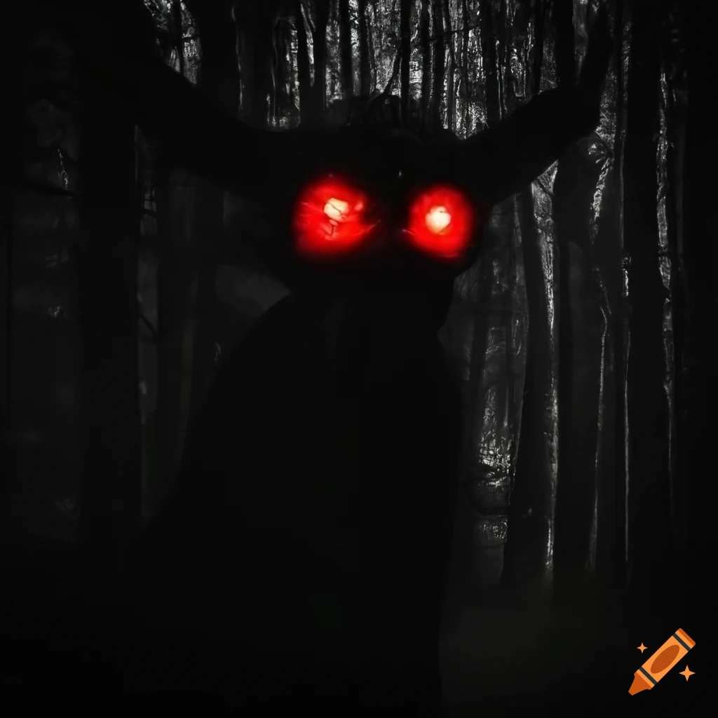 Eerie monochrome image of mothman in a dark forest