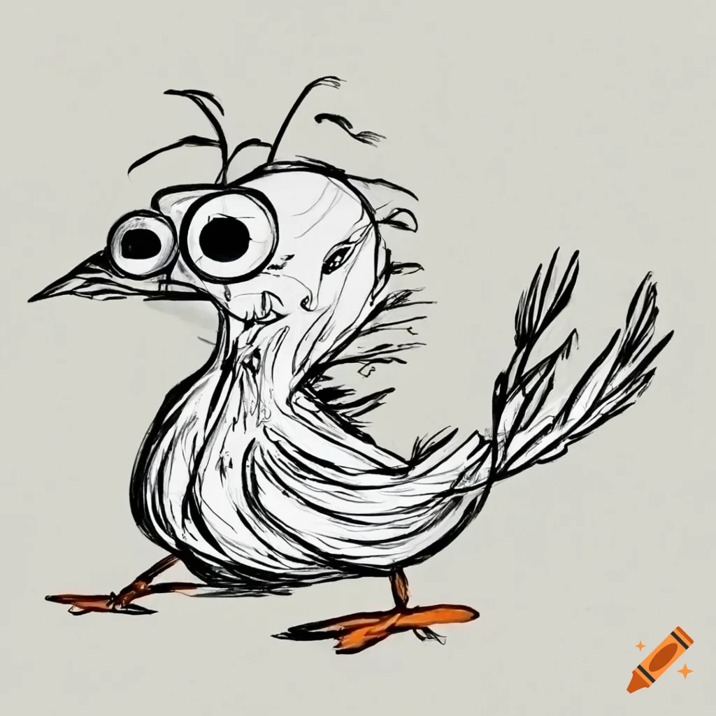 Cartoon sketch of a wacky bird with unruly feathers on Craiyon