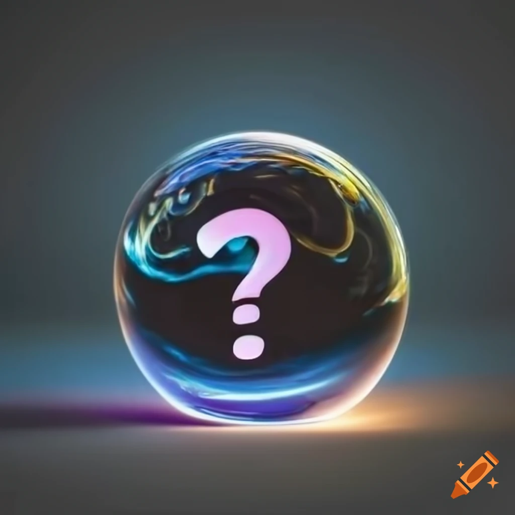 Glass ball with swirling electrical energy and a black question mark on ...
