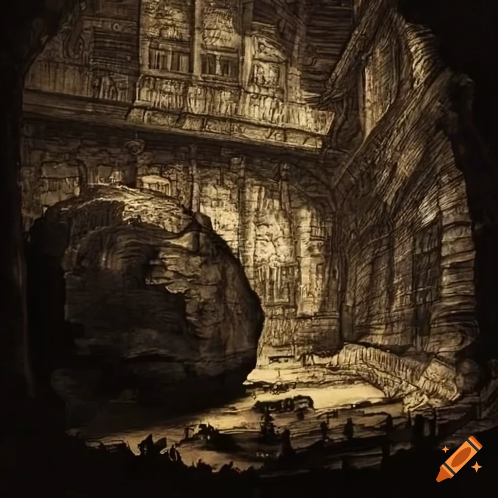 Piranesi style cliff with a rock hanging over a library on Craiyon