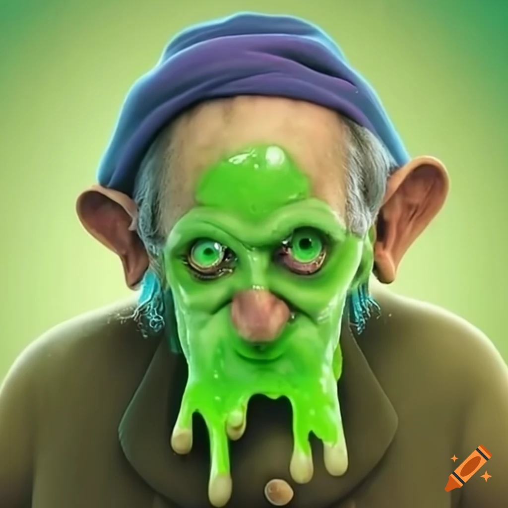 Cartoon illustration of a cross-eyed old man with green slime on Craiyon