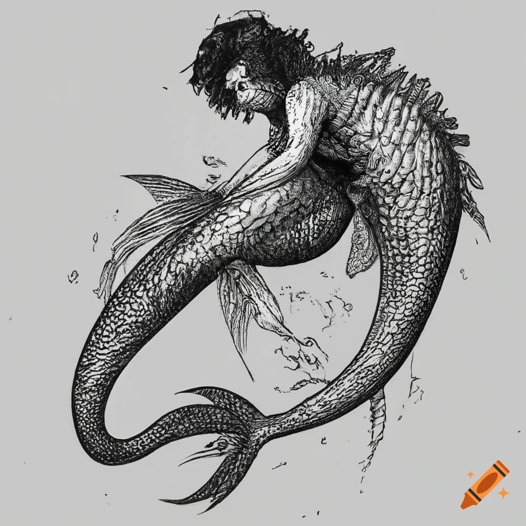 Detailed etching of steve harrington as a merman monster on Craiyon
