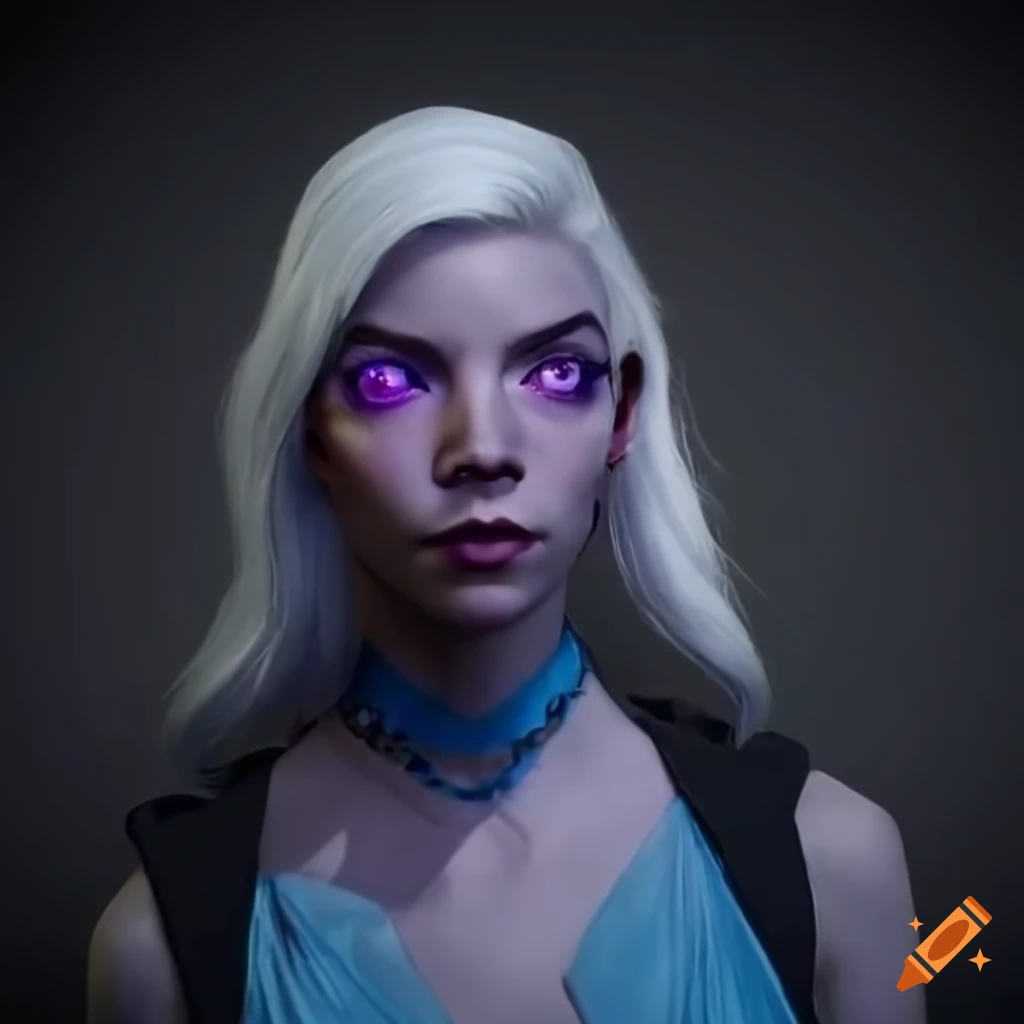 Anya taylor-joy as a white-haired drow girl throwing a purple fireball on Craiyon
