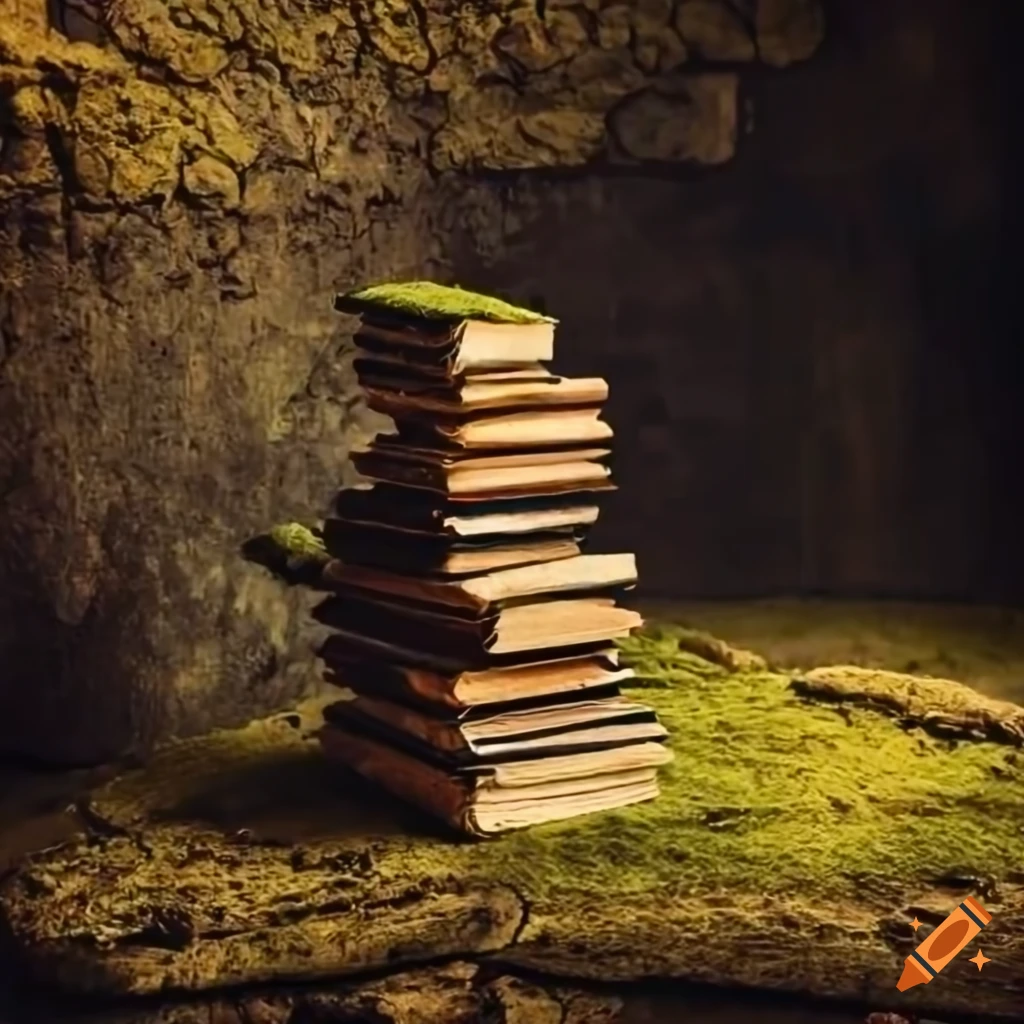 Stack of books in a moss-covered stone cellar on Craiyon