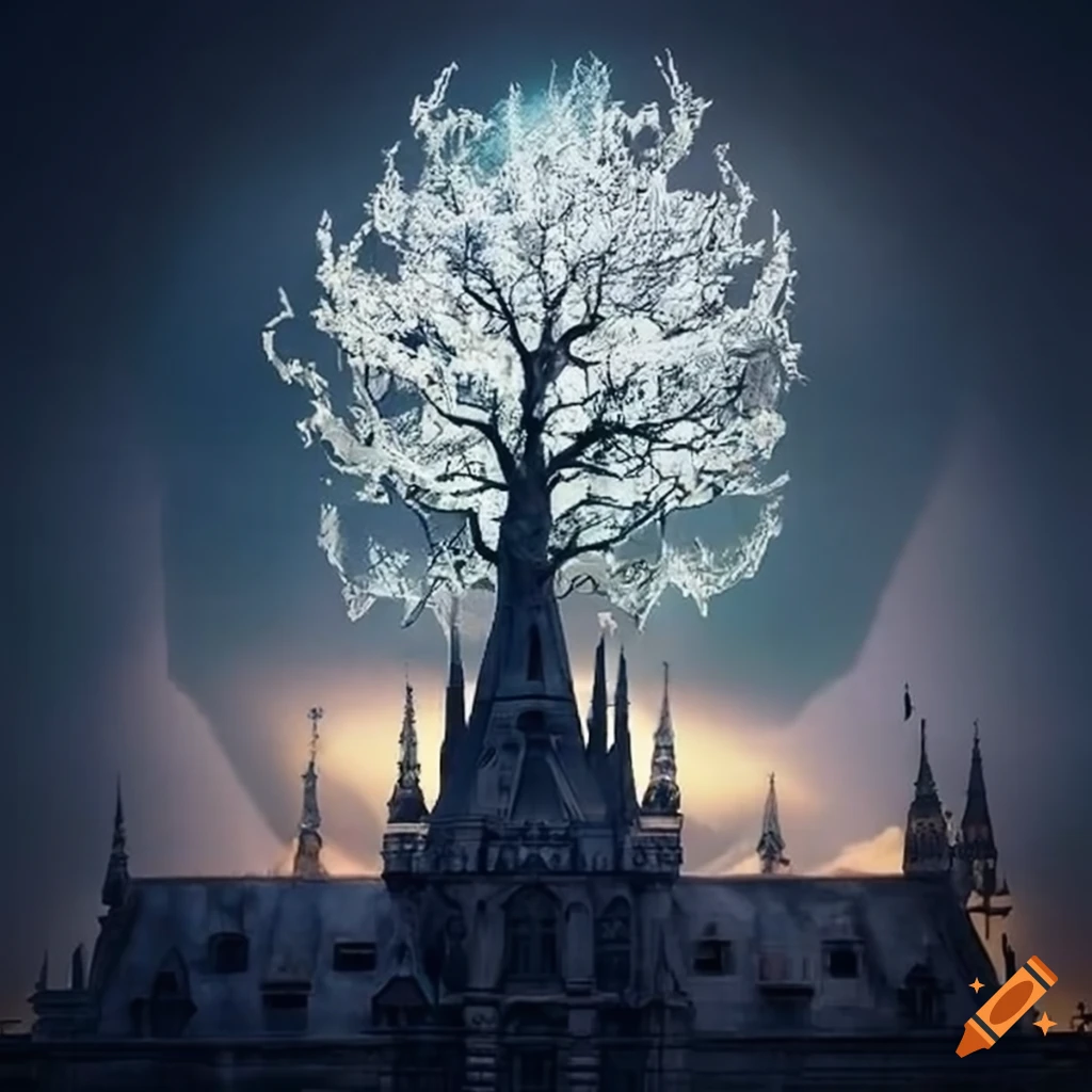 Medieval city hall with giant white magical tree on Craiyon