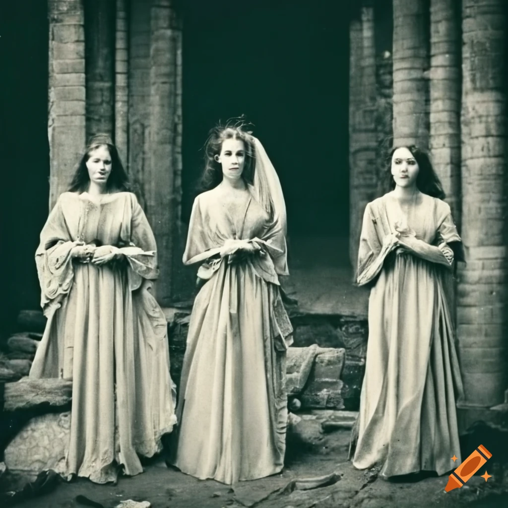 Vintage photo of three priestesses in temple ruins on Craiyon