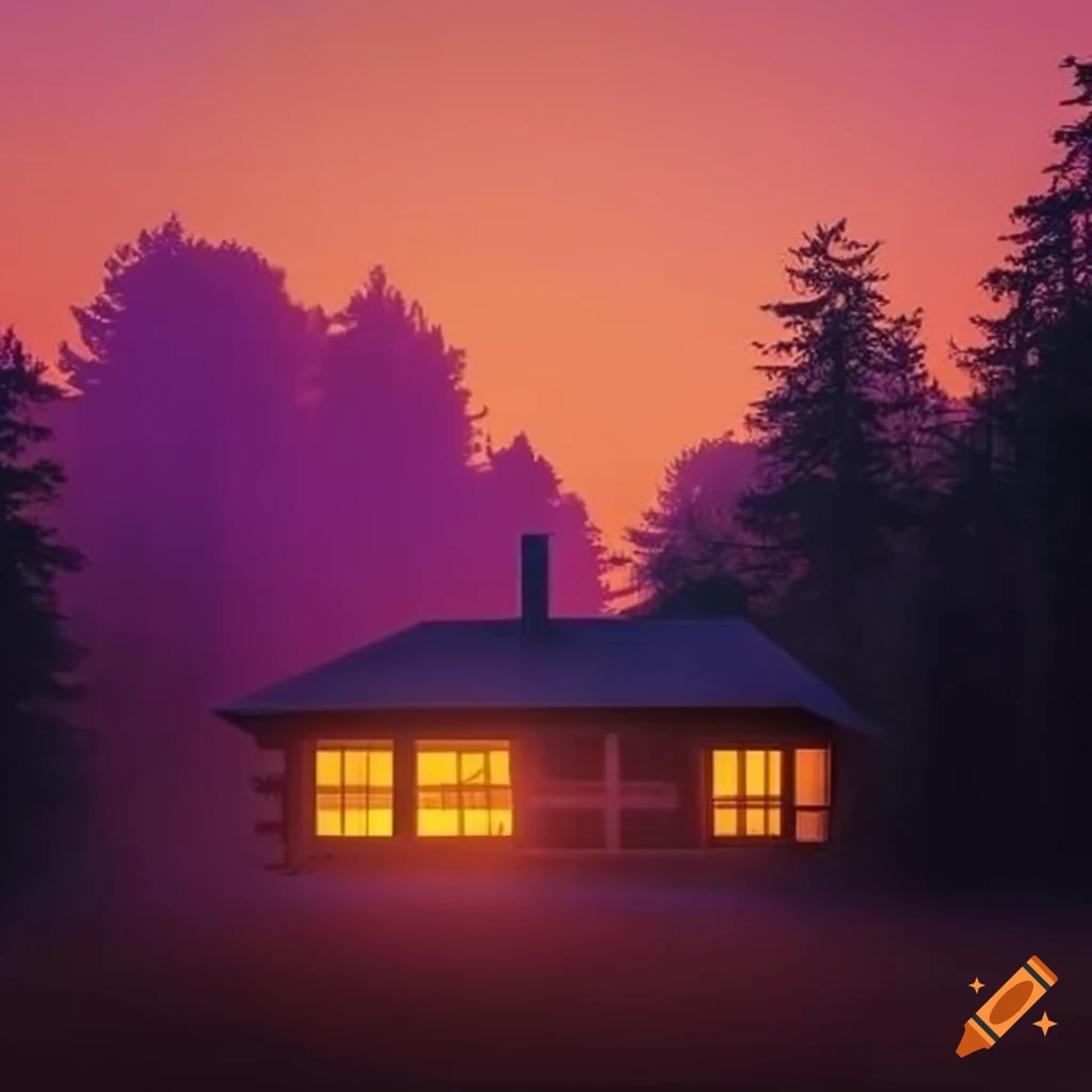 Sunset view from a log cabin in the forest on Craiyon