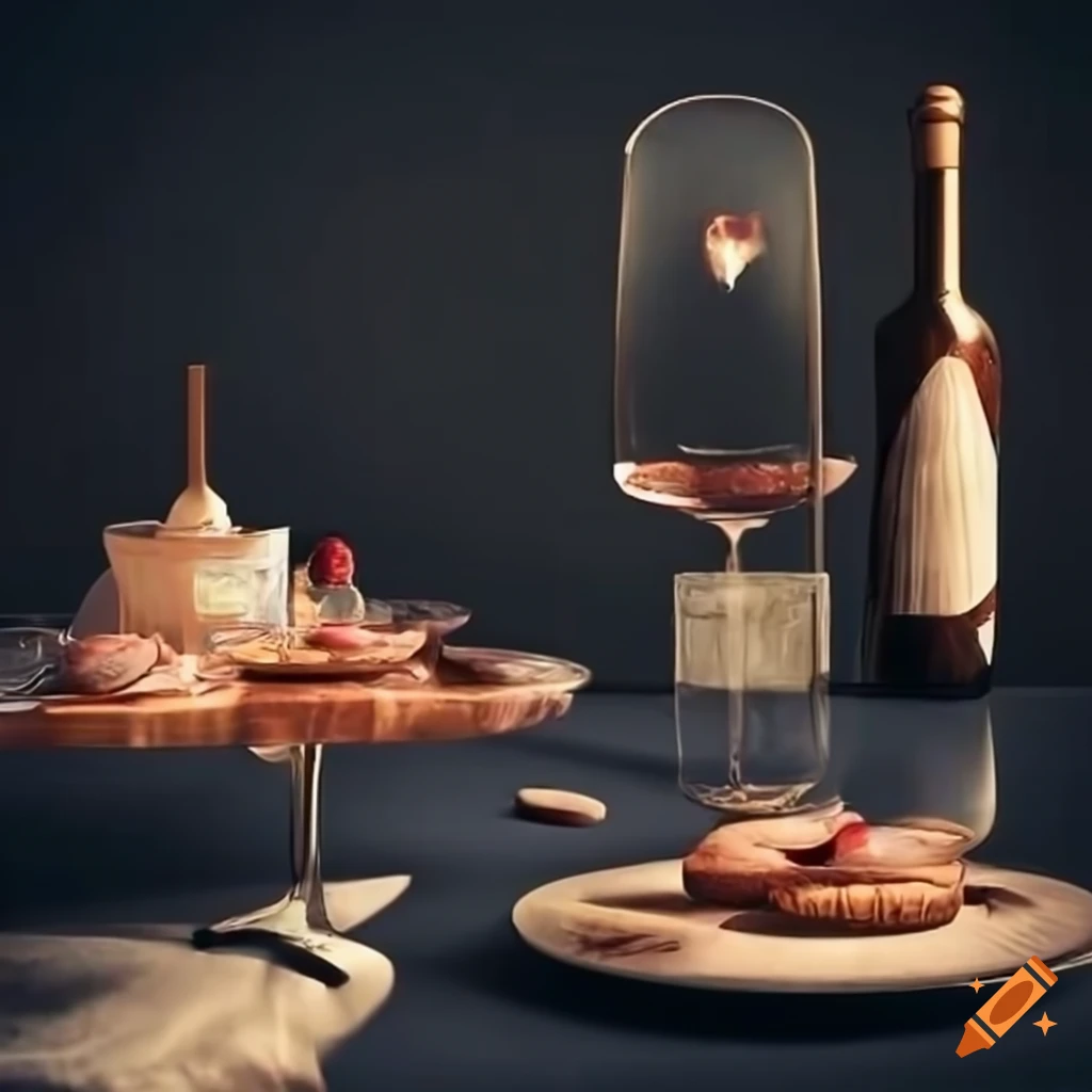 Surrealistic desserts and complex wine glasses on a table on Craiyon