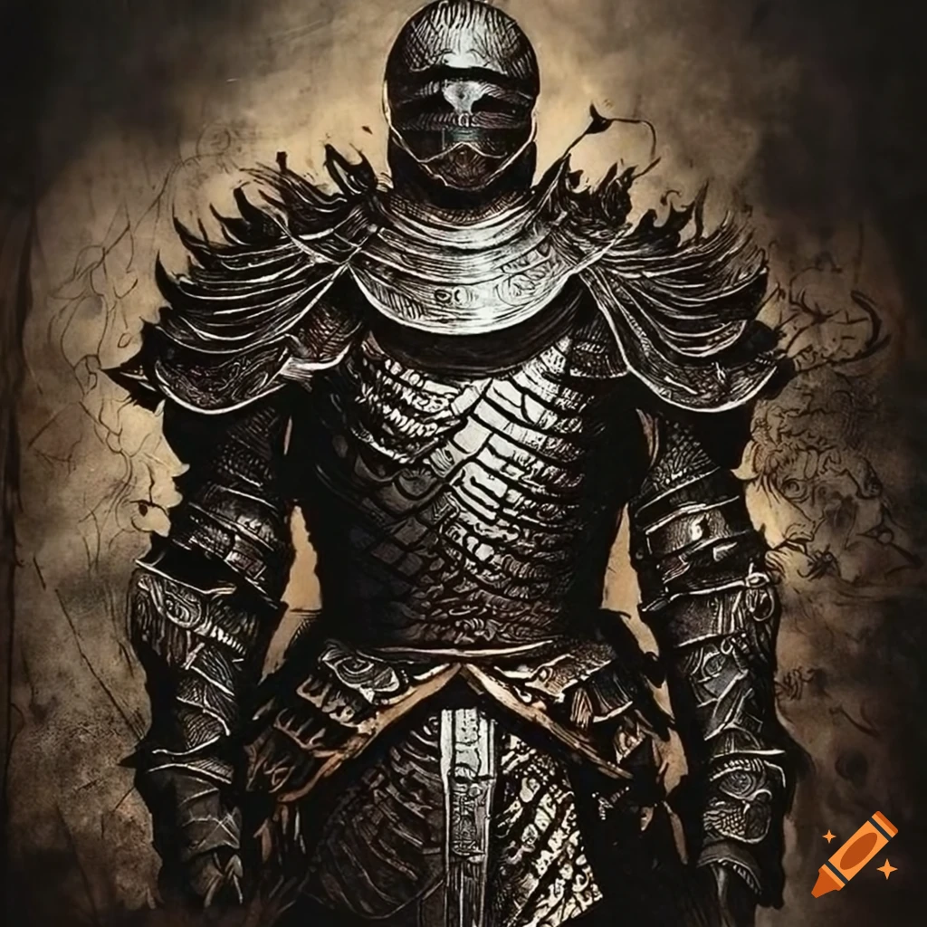 Etching of a powerful warrior in black armor on Craiyon