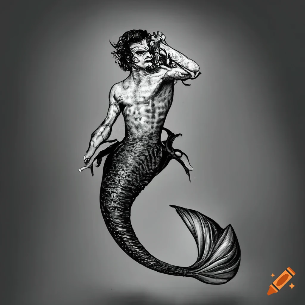 Detailed black and white etching of steve harrington as a merman ...