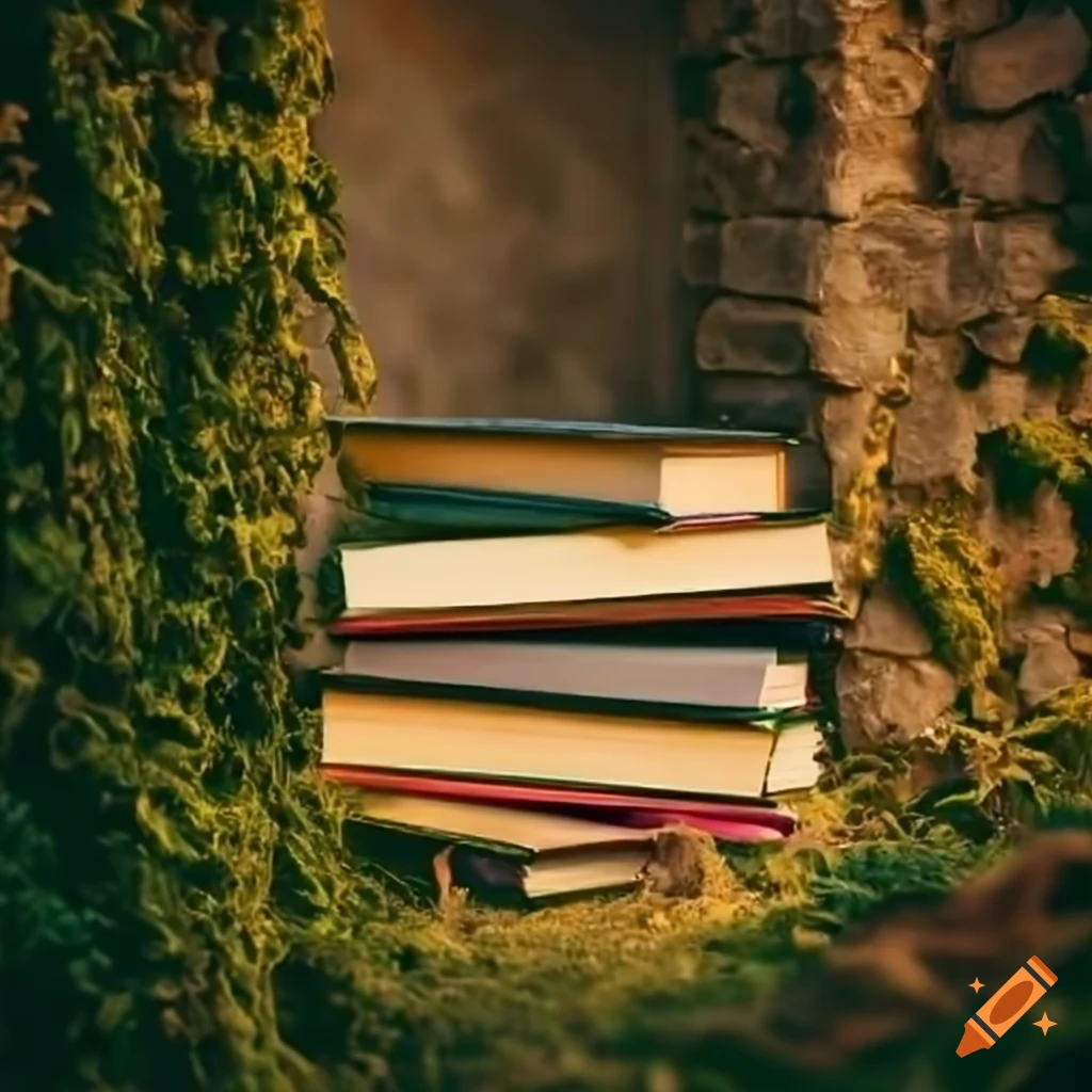 Stack of modern books with moss-covered stone wall on Craiyon