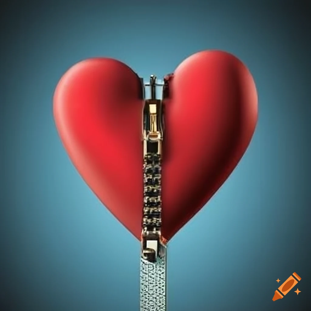 Illustration of a heart split by a zipper on Craiyon